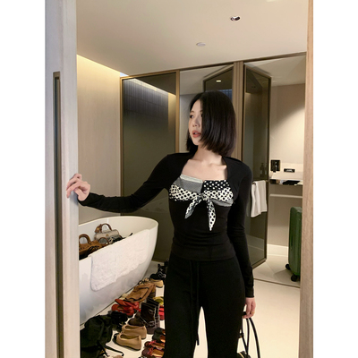 甜辣多多 黑白撞色长袖t恤2026秋波点拼接假两件长袖上衣女Z3938