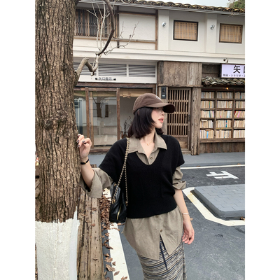甜辣多多 V领蝙蝠袖针织背心女2026秋慵懒百搭叠穿马甲J2887