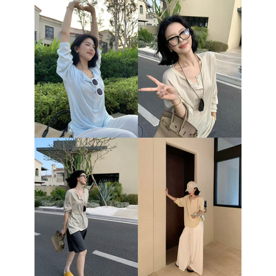 甜辣多多 26天丝亚麻桑蚕丝棉针织料圆领长门襟长袖防晒衫女Z3609