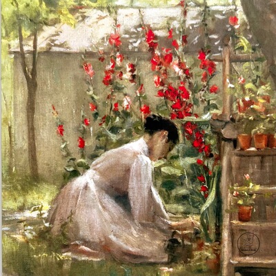 《照料花园Tending the Garden》印象派名画 德国原版明信片