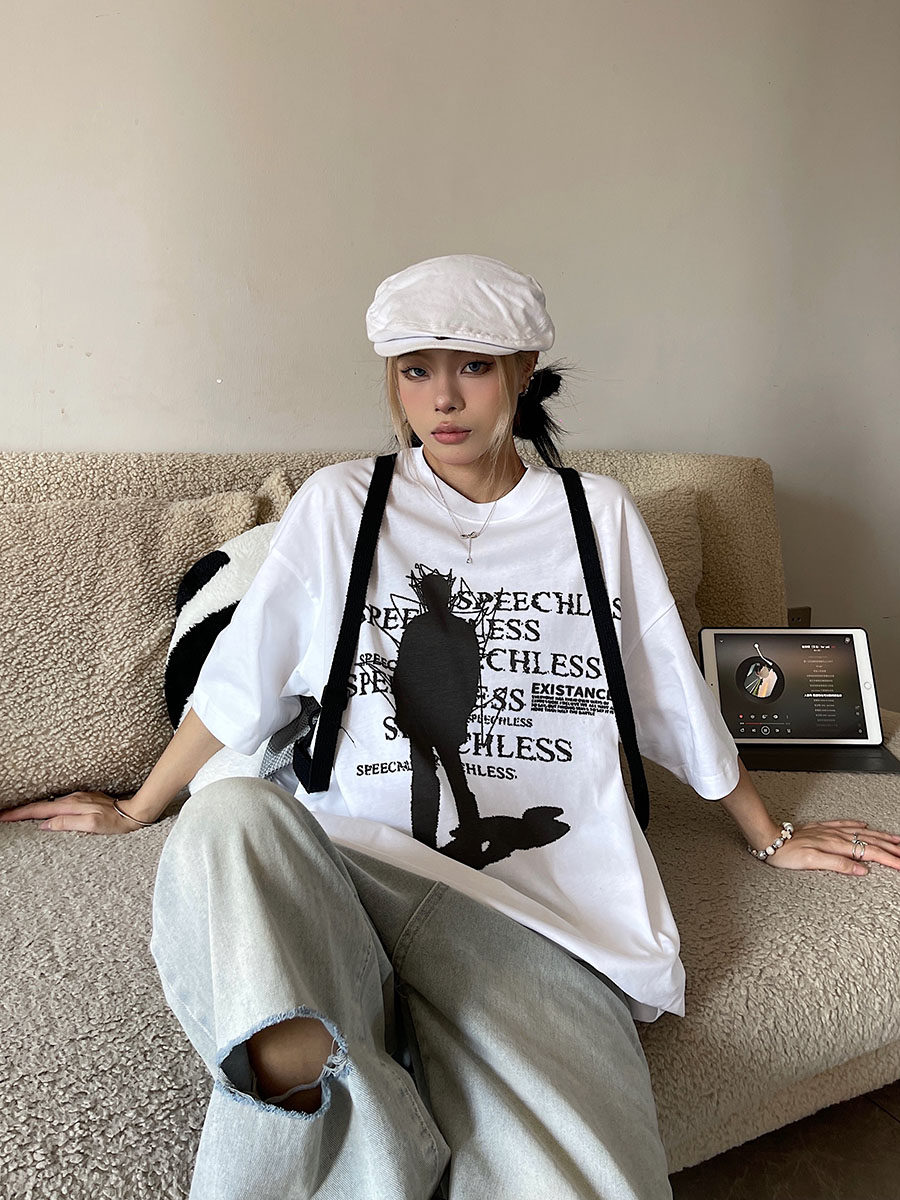 咕咕白 美式街头小众人物印花设计感T恤男女宽松圆领百搭情侣短袖