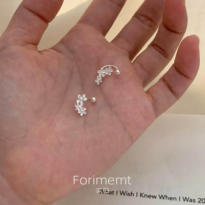 S999纯银小花两戴弯钩耳钉女养耳洞拧螺丝款小巧精致简约百搭耳饰