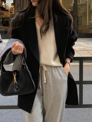 现韩国代购东大门vergamot中长款双面手工羊绒大衣外套宽松百搭女