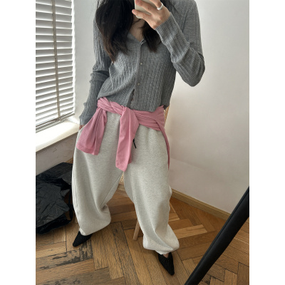 鬼鬼家正品韩代东大门 裤脚口可收口松紧腰浅灰色显瘦卫裤休闲裤