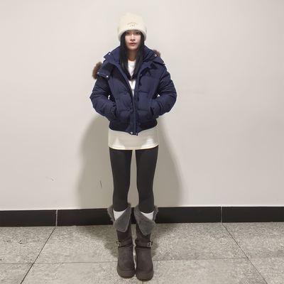 复古毛领系扣拉链设计短款棉服女