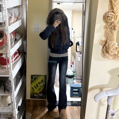 毛领系扣拉链收腰设计短款棉服女