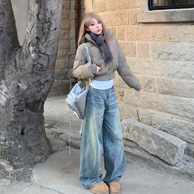 韩系复古时尚大毛领收腰短款棉服