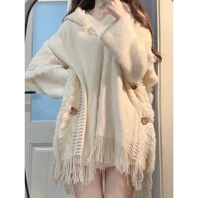 小个子白色连帽斗篷秋冬毛衣围巾