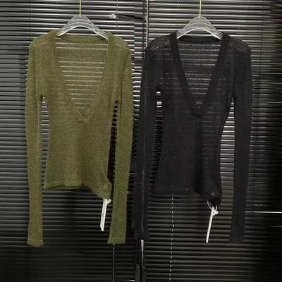 休闲V领薄款微透长袖针织衫女