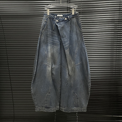 水洗做旧脏脏牛仔裤阔腿宽松长裤