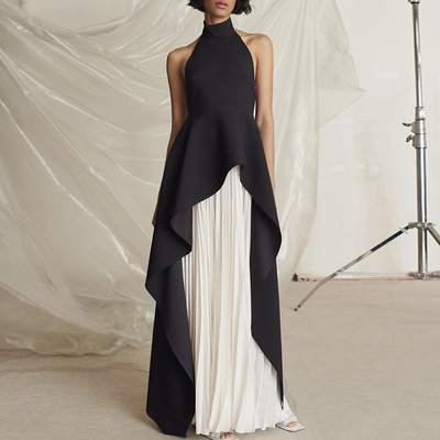 法式高级挂脖礼服长款上衣百褶裙