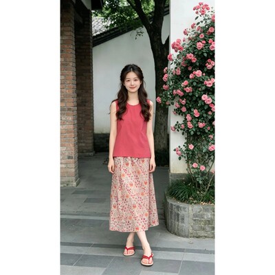 夏日出游复古碎花高腰半裙套装