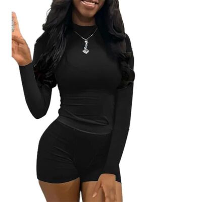 Women's 2-piece ribbed long sleeved slim fit round neck T-sh
