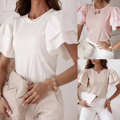 2024 Solid Color Round Neck Ruffle Short Sleeve Versatile Wo