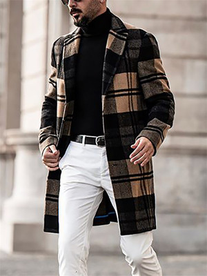 2024 Houndstooth Woolen Men's Coat Mid-length Plaid Windbrea