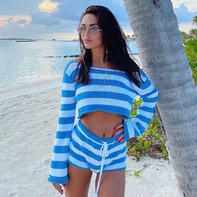 Puloru Beach Holiday Knitted Two-Pieces Shorts Sets Women Su