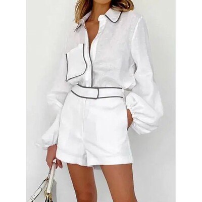 Women's Casual Shorts Set Summer Cotton Linen Long-Sleeved B