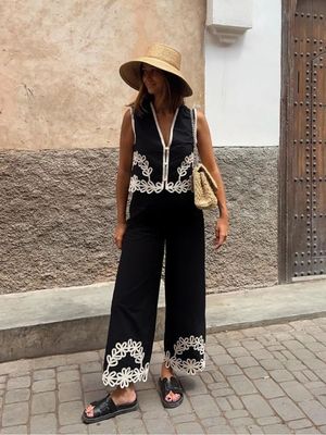 New Fashion Contrasting Printed Crop Vest Pants Suit Elegant