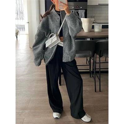 Woman Fashion Loose Gray Warm Baseball Jacket 2024 Spring Ca