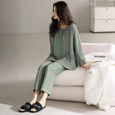 格子印花圆领开衫纯棉长袖长裤睡衣女士春秋新款宽松大码简约套装