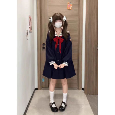 设计感JK制服日系新款学院风海军领灯笼袖蝴蝶结连衣裙中长款裙子