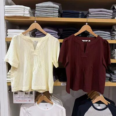 2026夏新款法式休闲麻混纺设计感半开领纯色短袖衬衫上衣女487477