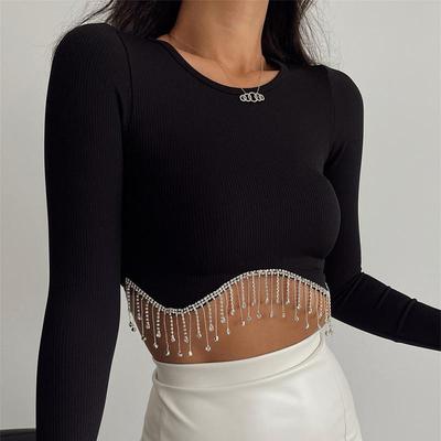 Rhinestone tassel Slim crop top 性感纯色水钻流苏修身露脐上衣