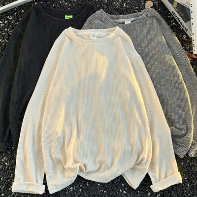 纯色褶皱肌理感长袖T恤男