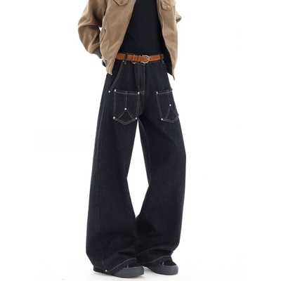 美式高街铆钉廓形黑色弯刀牛仔裤