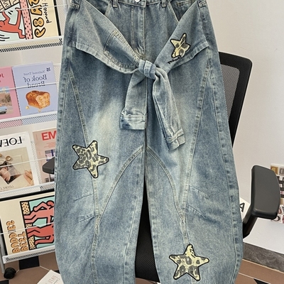 豹纹五角星刺绣弯刀牛仔裤