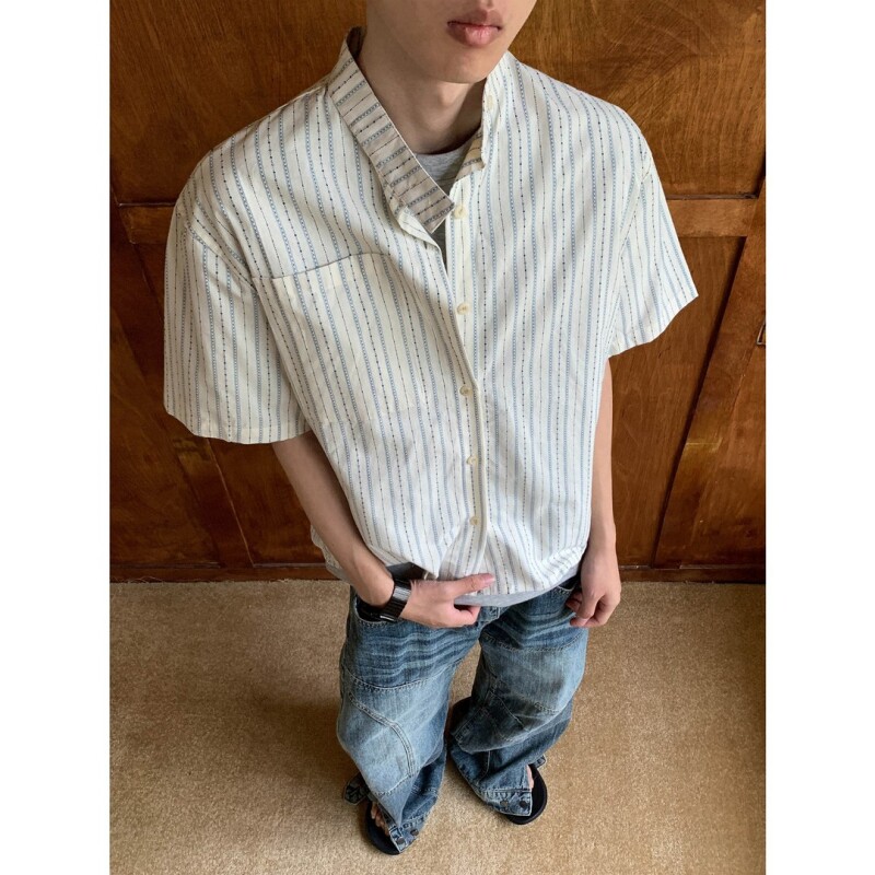 美式高智感复古条纹短袖衬衫男老钱风cleanfit慵懒休闲青少年上衣