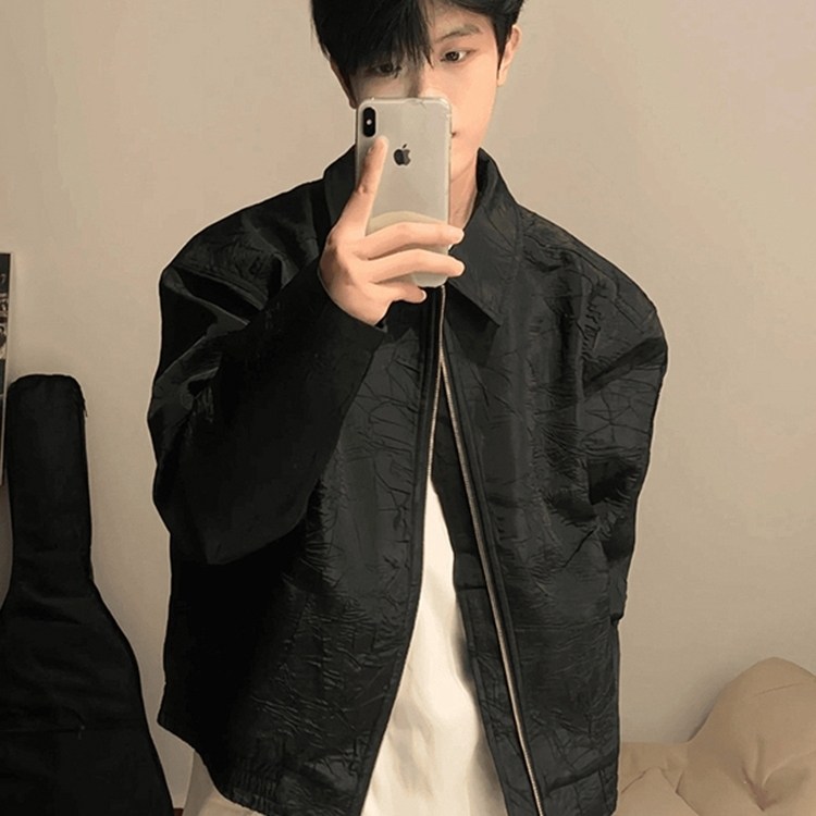 韩系cleanfit短款外套潮牌痞帅炸街男尼龙褶皱夹克秋季翻领棒球服