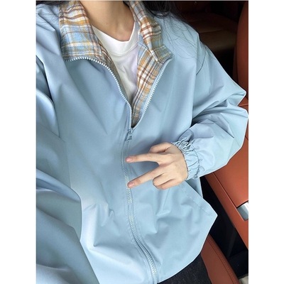 蓝色格子拼接短款立领夹克