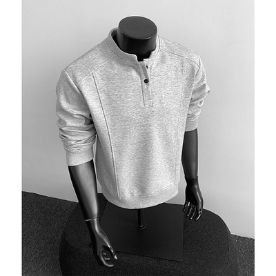 灰色亨利领长袖polo衫男款