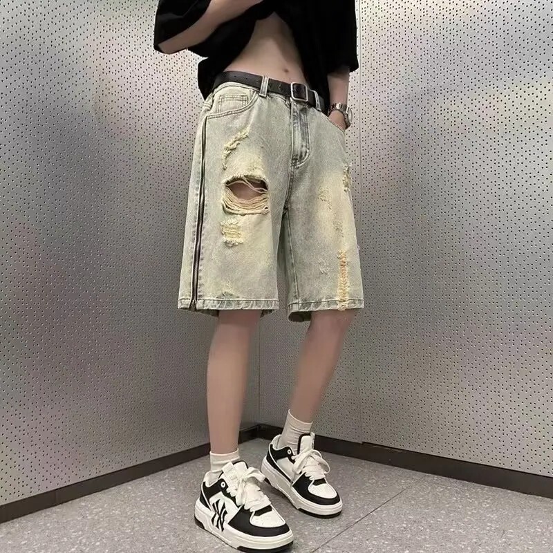 青少年速干美式牛仔短裤男生款新款夏季薄款宽松运动休闲五分裤子