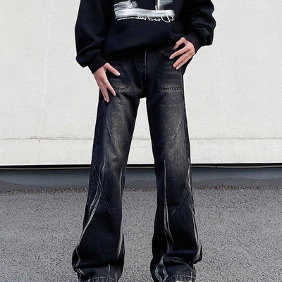 复古水洗做旧扎染牛仔裤直筒