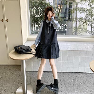 学院风b169-261蝶假两件波点连裙衣秋季年新款蝴结系女带显瘦减龄