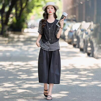时套装女装新闲款夏季短尚袖阔腿裤时尚休LU9183-0两件套裤衫