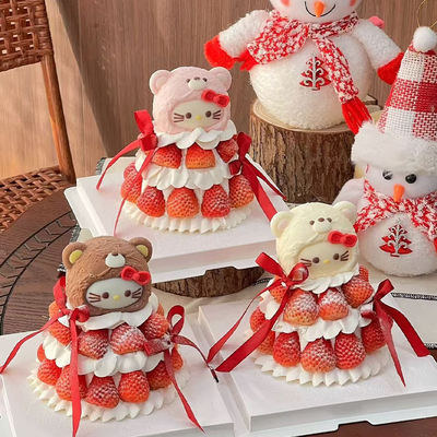 2026小红书同款圣诞新年跨年草莓蛋糕装饰熊头KT猫蝴蝶结丝带插件