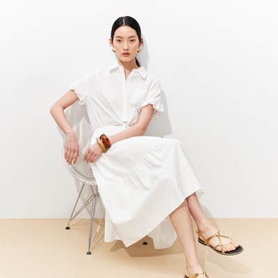 Vero Moda连衣裙2026春季新款纯棉前侧打结衬衫长裙优雅时髦