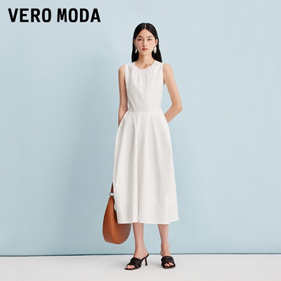 Vero Moda连衣裙2025冬新款纯棉捏褶装饰收腰中长裙32537A022
