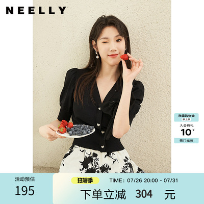 NEELLY纳俪商场同款夏季新款V领显瘦短袖针织衫女黑色修身上衣