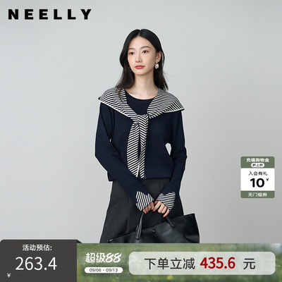 NEELLY纳俪商场同款春秋新款休闲披肩撞色针织衫女学院风个性上衣