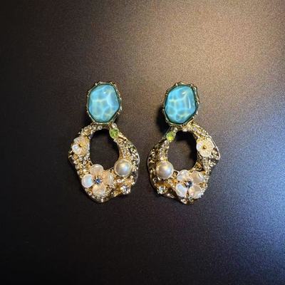 开花的橄榄 Vintage古着 Pearl &Drops几何花朵耳钉 耳环 耳饰