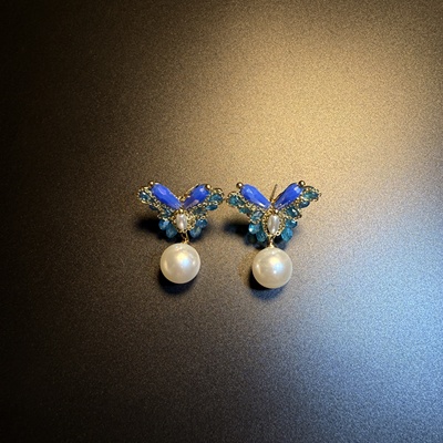 开花的橄榄 Vintage古着 Cyan Drop蓝色蝴蝶珍珠流苏耳钉耳环耳饰