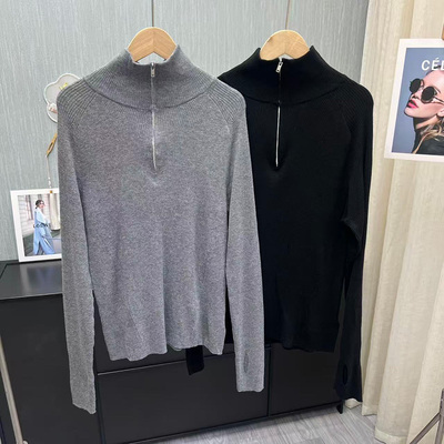 修身版型羊毛混纺半拉链罗纹长袖针织衫女上衣