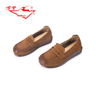 万里新款真皮复古休闲鞋舒适软底单鞋百搭圆头一脚蹬女鞋BYT2368