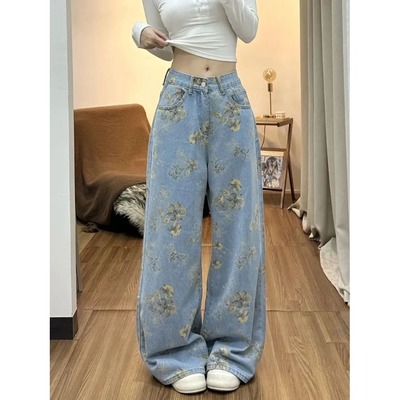 慵懒风黄色碎花阔腿牛仔裤女直筒