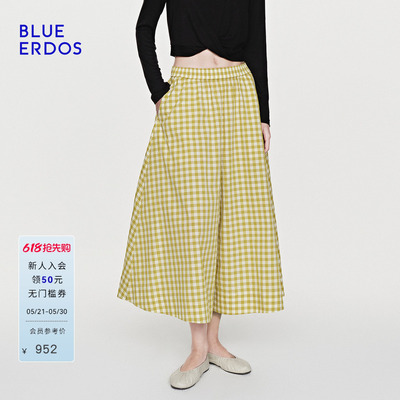 BLUE ERDOS2026夏季新品休闲百搭棉混纺文艺度假风松紧腰格纹裙裤