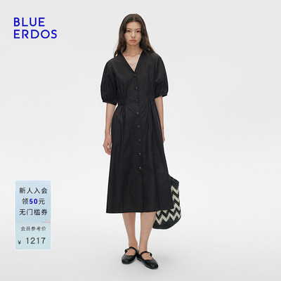 BLUE ERDOS夏季全棉V领五分袖气质连衣裙小黑裙女B255I3020